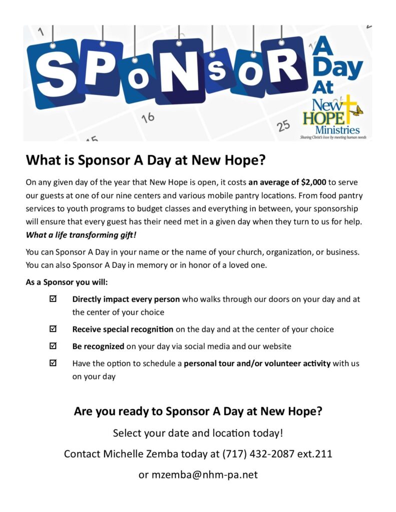 Sponsor A Day - New Hope Ministries - Sharing Christ's Love By Meeting ...